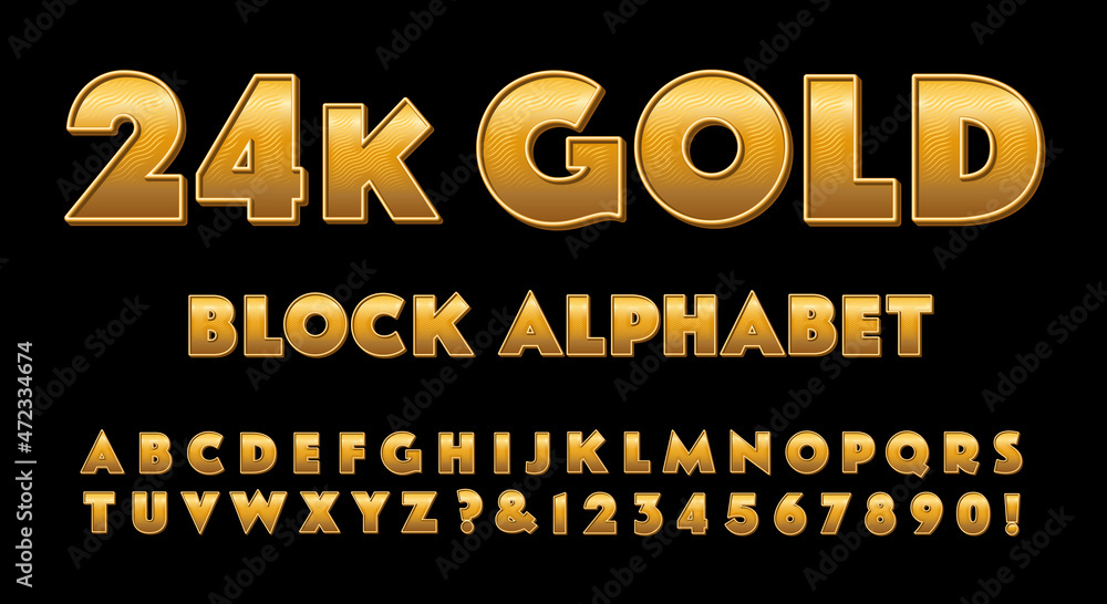 A 24 karat gold effect block alphabet with 3d effects and wavy line ...