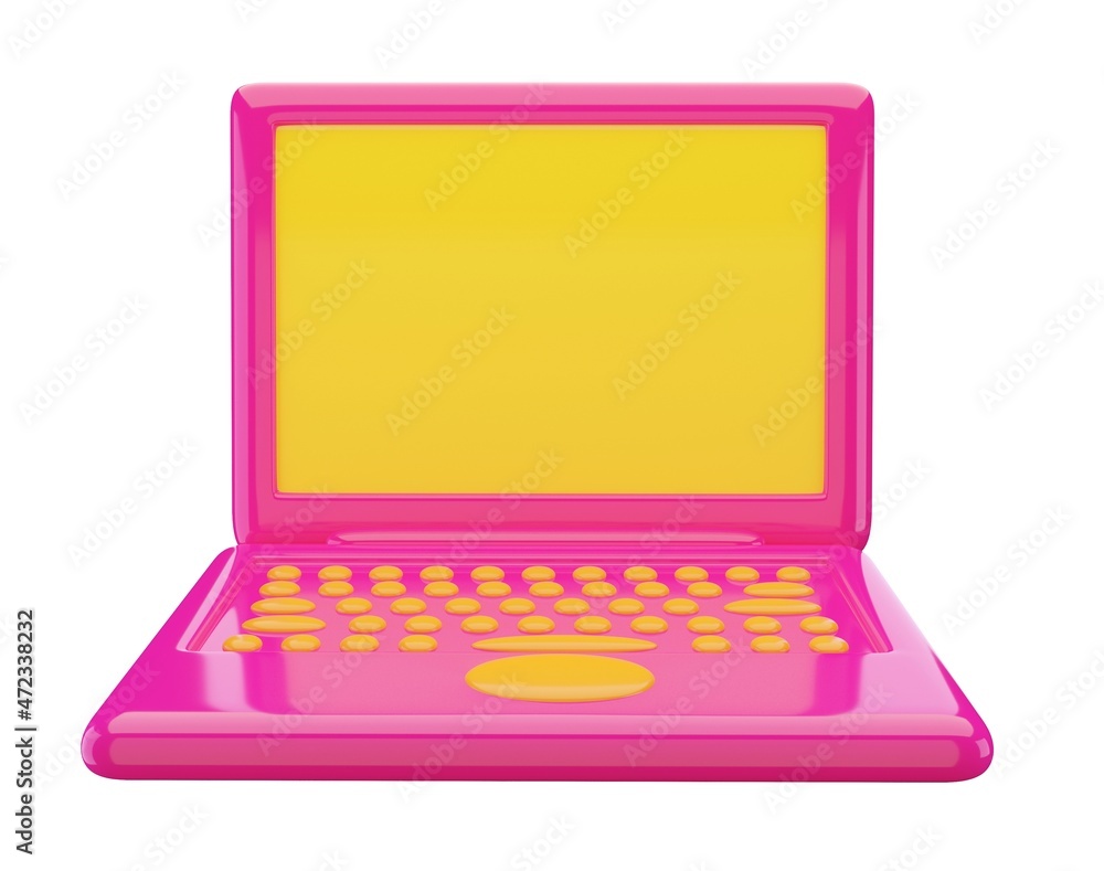 3d open pink color laptop. Rendering illustration of cartoon toy ...