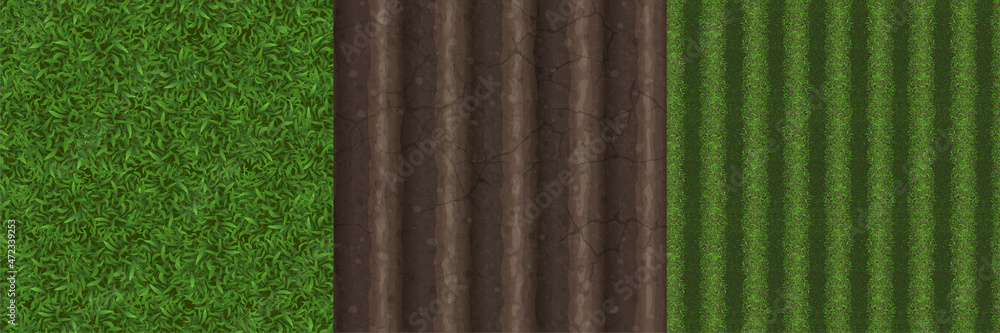 Game textures of green lawn, plowed farm field and grass meadow ...