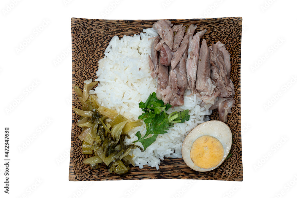 Above view of Stewed pork leg on rice or Thail name Khao Kha Mu non ...