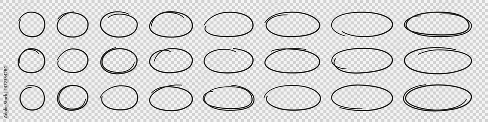 Hand drawn ovals and circles set. Ovals of different widths. Highlight ...