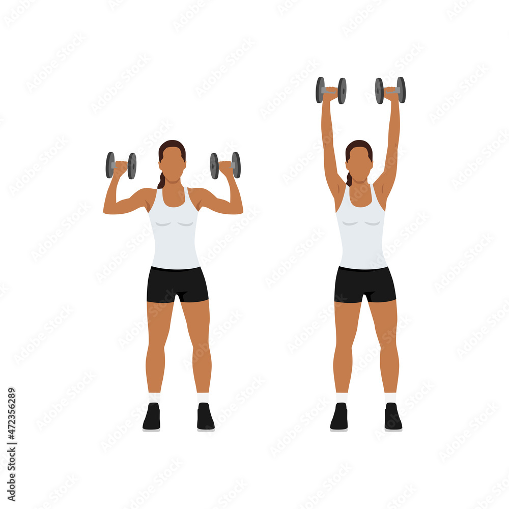 Woman doing Dumbbell overhead shoulder press exercise. Flat vector ...