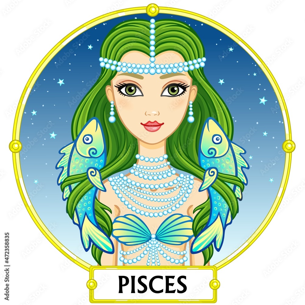 Zodiac sign Pisces. Fantastic princess, animation portrait. Background ...