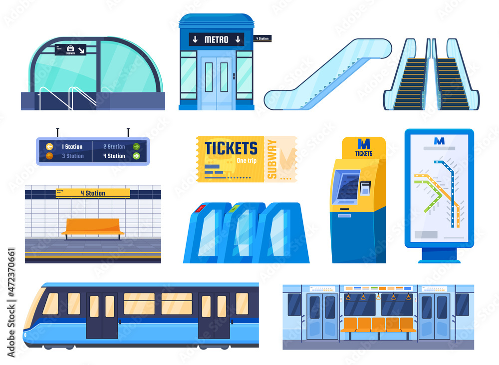 Subway element infographic set vector flat illustration. Modern public ...