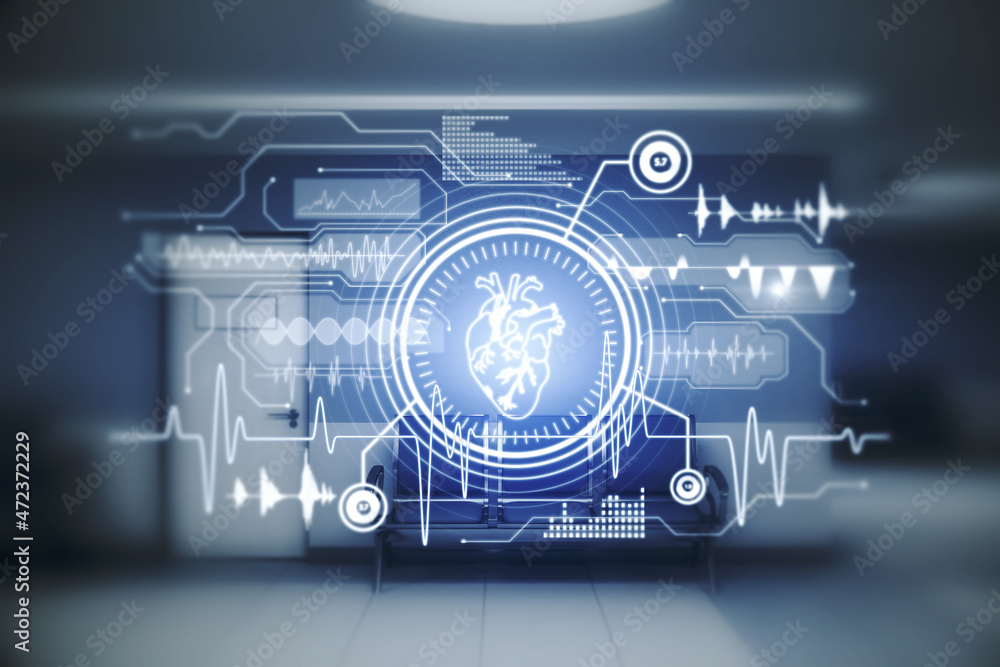 Abstract glowing cardiovascular medical hud screen on blurry hospital ...