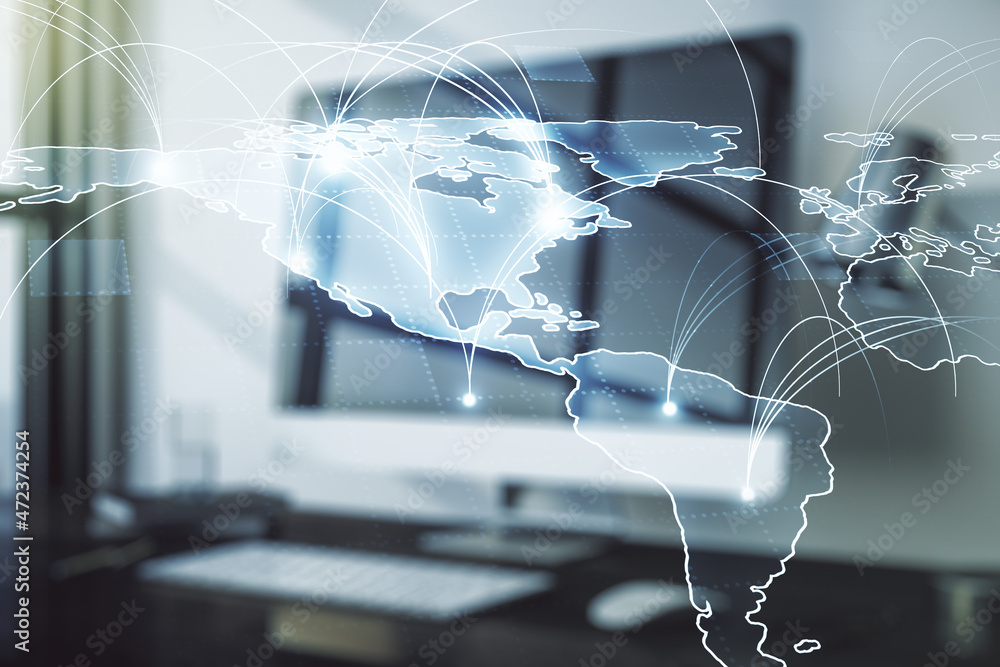 Double exposure of abstract digital world map with connections on ...