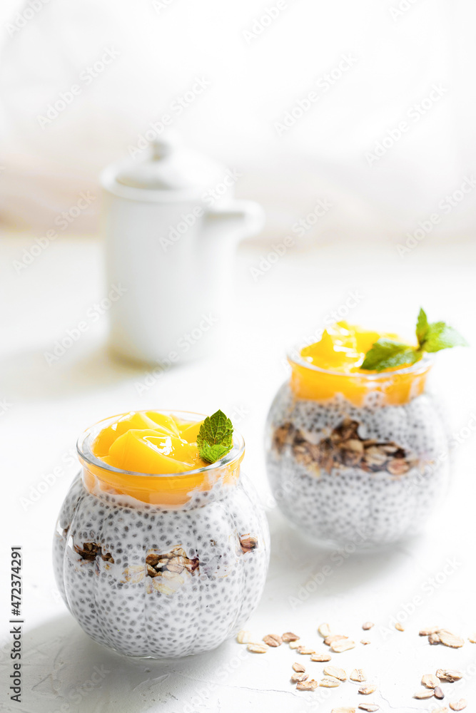 Healthy Chia Pudding with Coconut Milk, mango, chia seeds, granola in a ...
