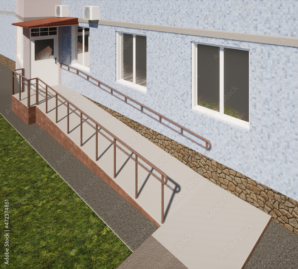 A ramp for the disabled. House with a ramp for the disabled. 3d image ...