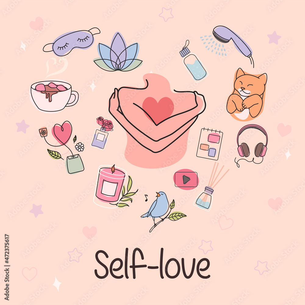 Personal self-care for senses. Hand-drawn vector illustration on pastel ...