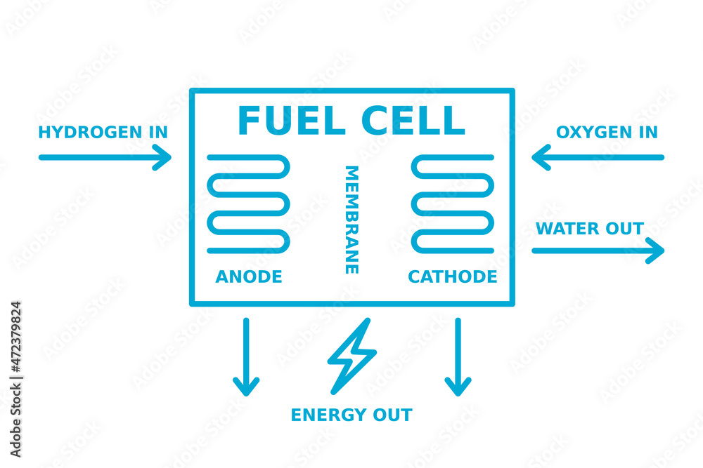 Hydrogen fuel cell. Chemical reaction producing electricity. H2 energy ...