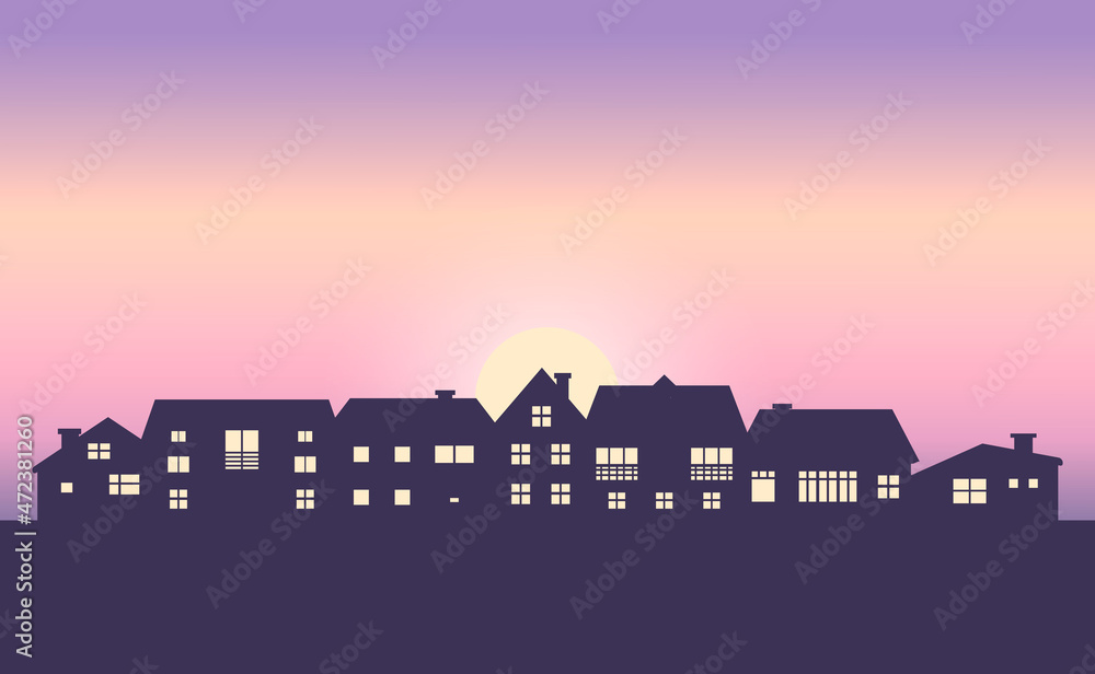 country skyline silhouette on gradient dawn background. Black houses ...