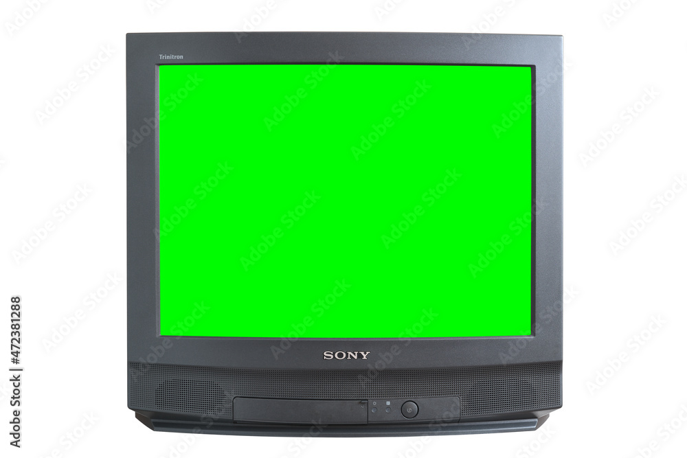 Belarus, Minsk - June 03, 2019:Old TV Sony Trinitron KV-21M3 with green ...