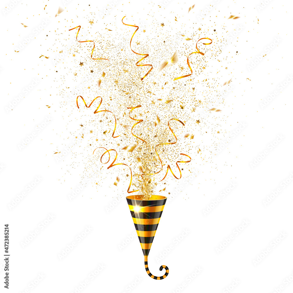 Explosion of Stylized Tiger Colored Party Popper with Gold Confetti ...