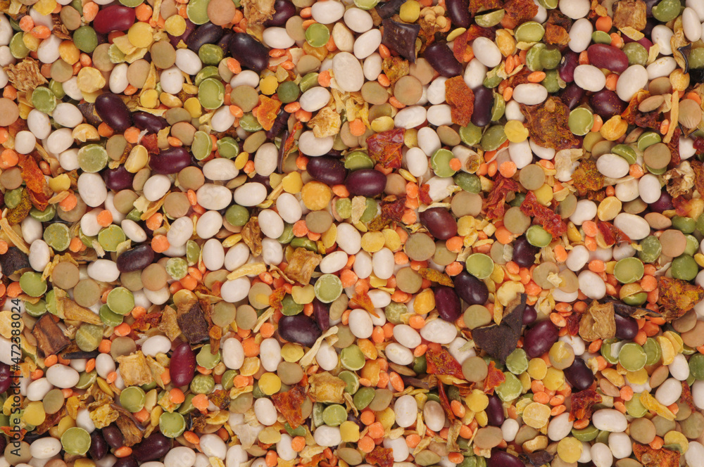 multicolored pulses, soup mix, pieces of dried vegetables, colourful ...