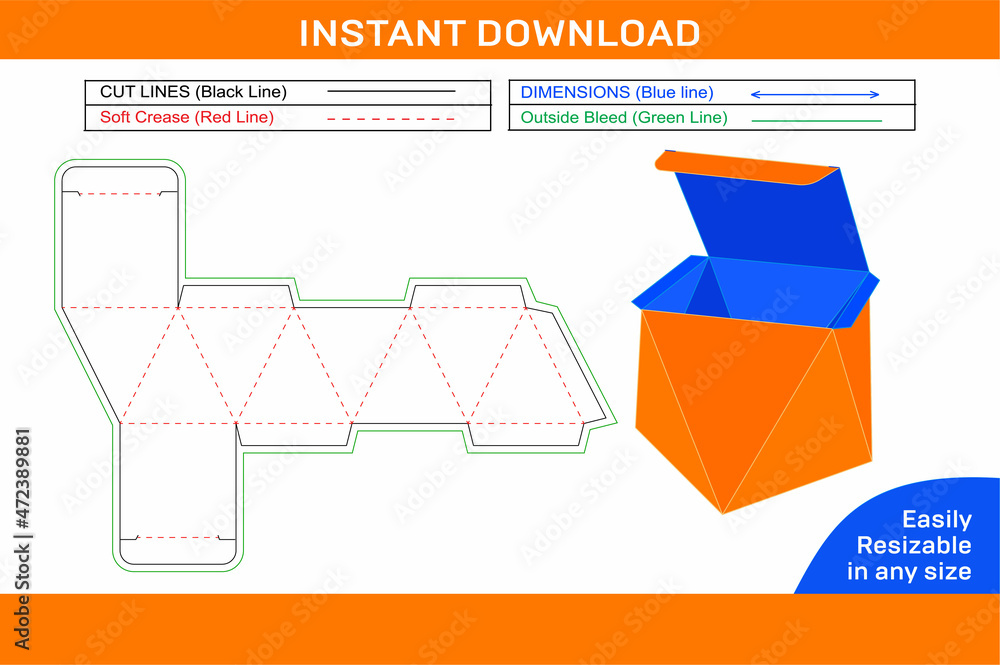8 face box Deline Template or Diamond Shape tuck end 8 face Box and 3D ...