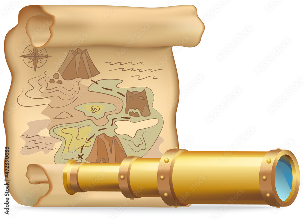 Telescope and treasure map. Pirate hidden treasure. Search adventure ...