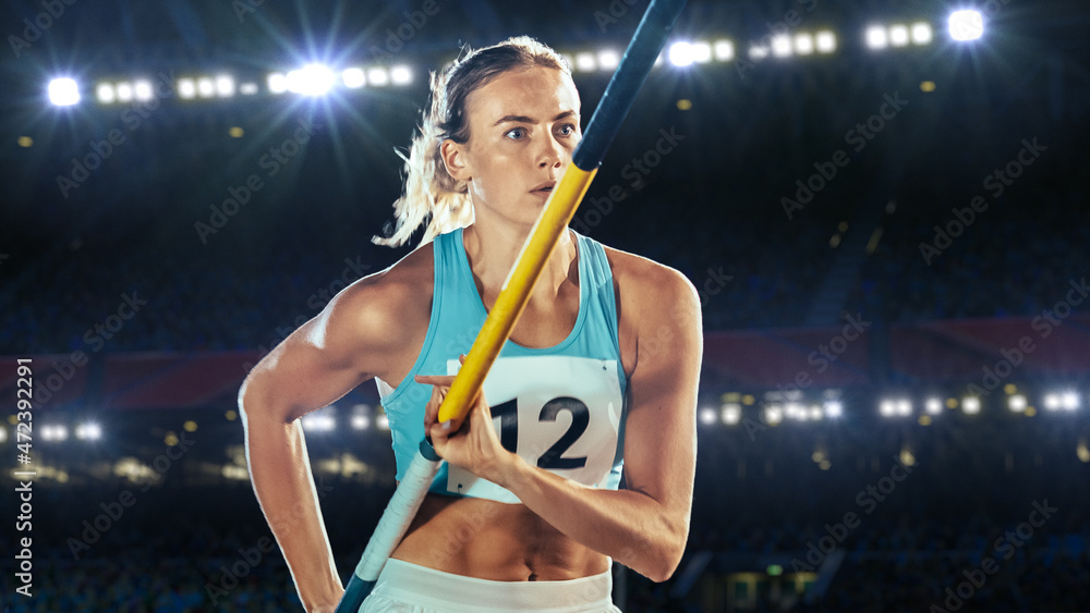 Pole Vault Jumping: Portrait of Professional Female Athlete on World ...