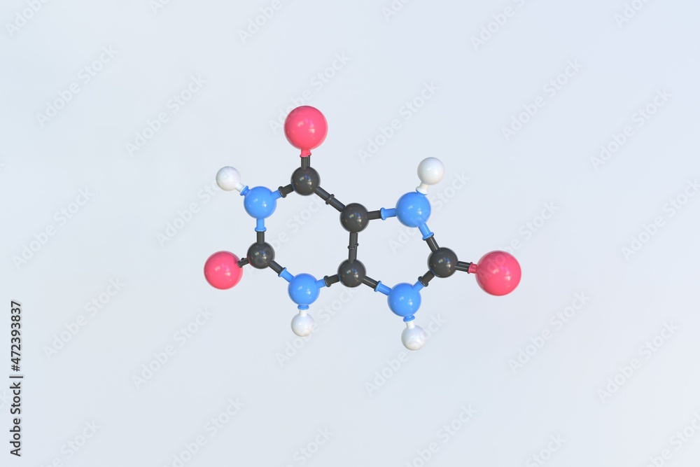 Uric acid molecule made with balls, isolated molecular model. 3D ...