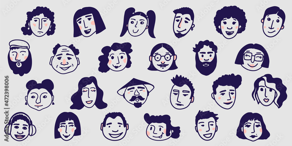 Cartoon face set. People doodle icon collection, avatars for social ...