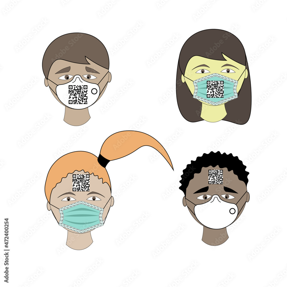 People faces with QR-code on masks and foreheads. Stock Vector | Adobe ...