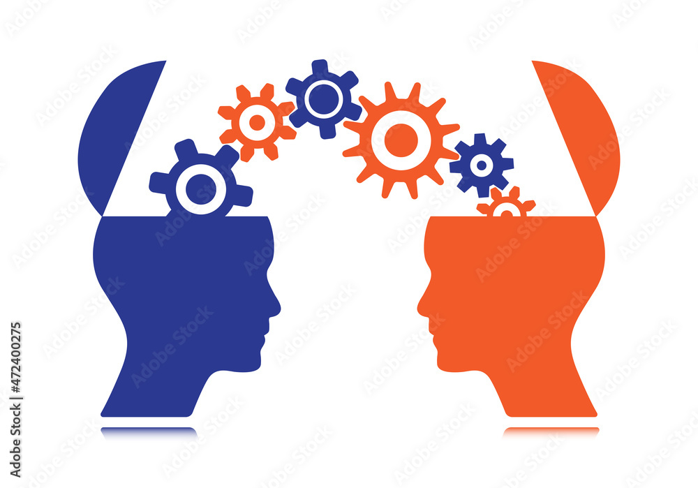 Open mind heads with gears vector design. Blue, orange color business ...