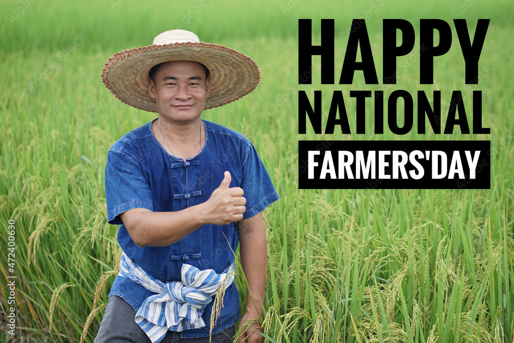 Text " HAPPY NATIONAL FARMER'S DAY" on photo of Asian male farmer shows ...