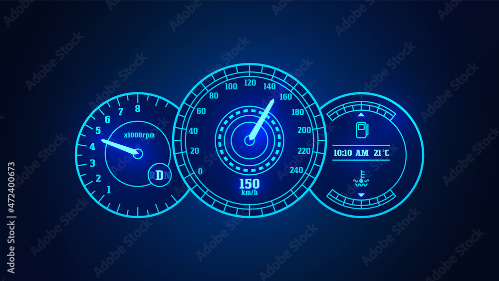 Futuristic HUD car speedometer. Vector scale of level gasoline, vehicle ...