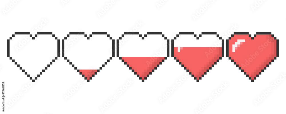 Heart icon 8 bit pixel style. Vector set of interface life health bar ...