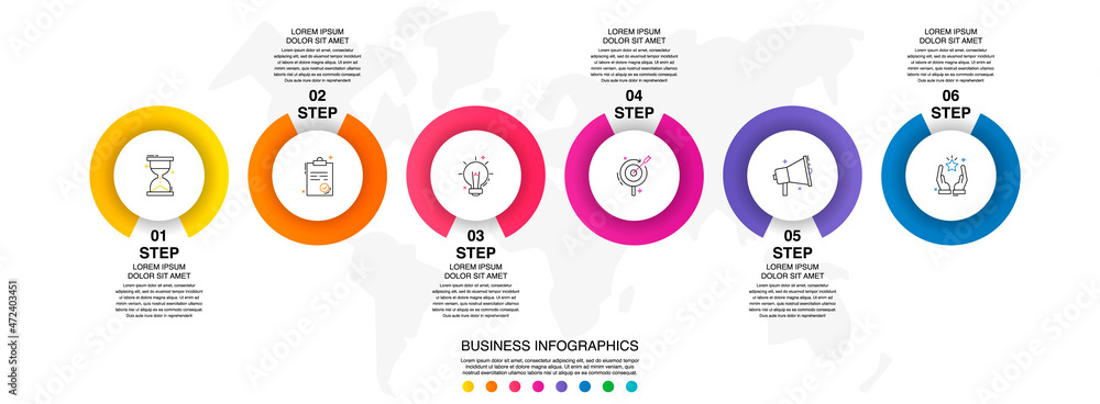 Vector infographics with six circles. Modern concept 6 icons with ...