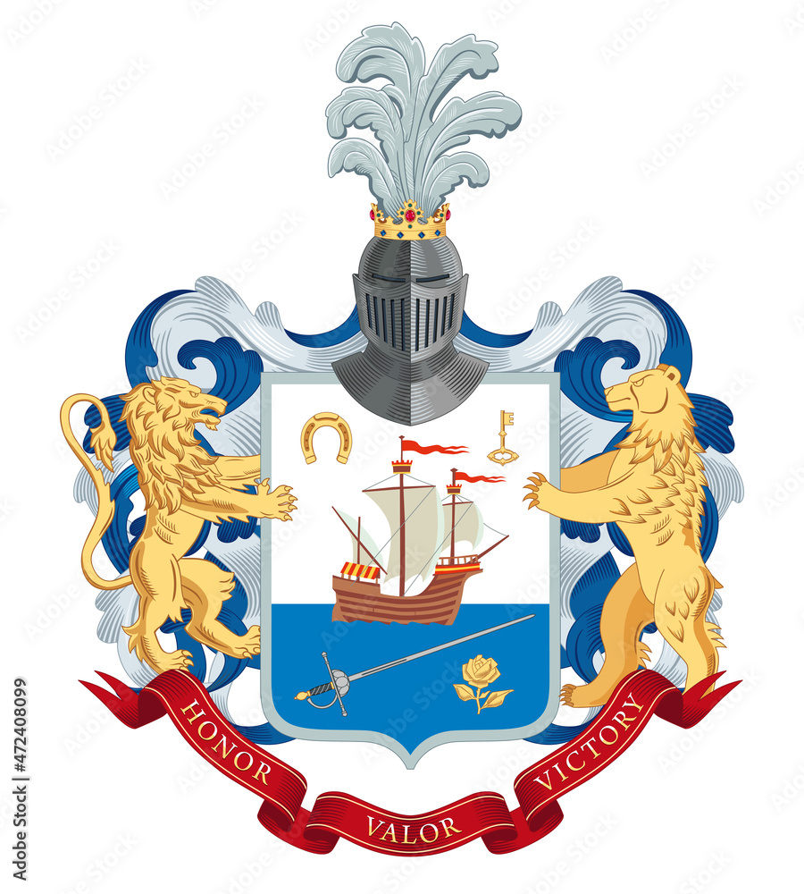 Family coat of arms. The lion and the bear are holding a shield. On the ...