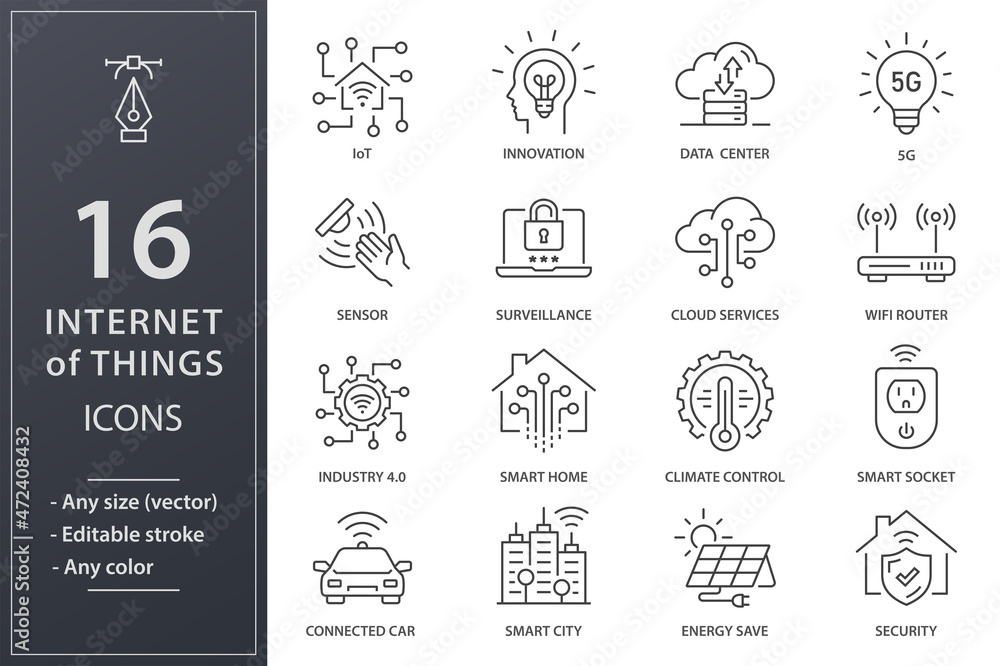 Internet of things icons, such as surveillance, sensor, climat control ...
