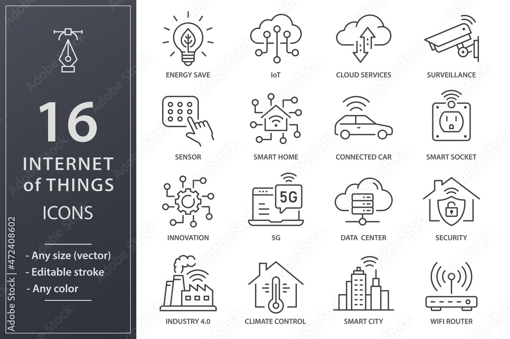 Internet of things icons, such as smart home, sensor, climat control ...