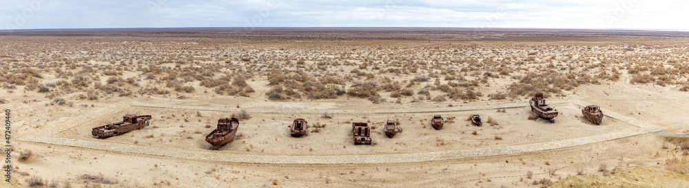 Aral sea monument. The graveyard of ships. Muynak (or Moynaq) city ...