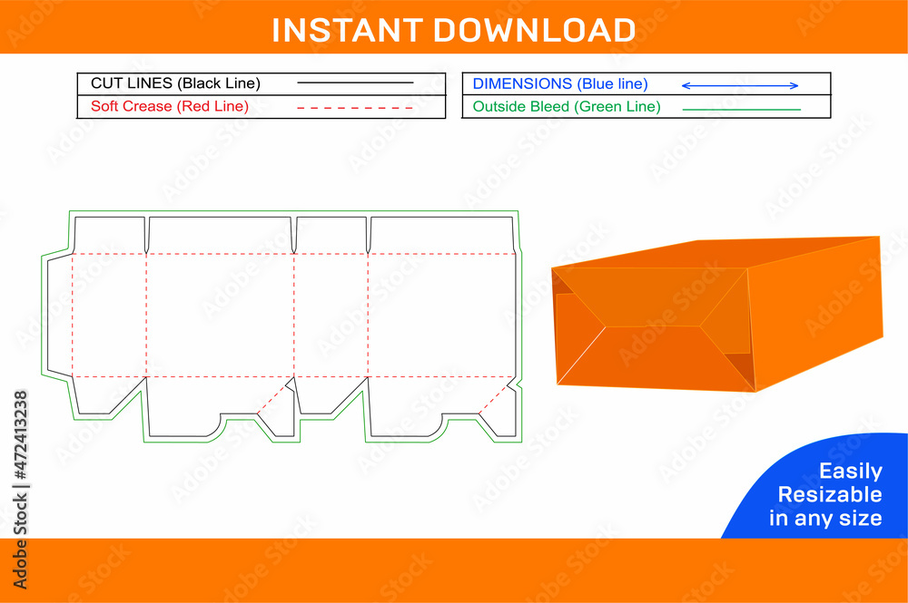 Packaging Auto bottom lock Tuck top box Dieline template and 3D box ...