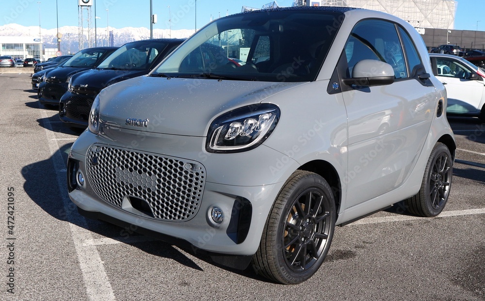 Udine, Italy. November 30, 2021. Gray Smart EQ Fortwo in display ...