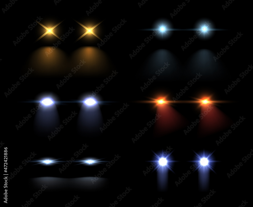 Realistic car headlights. Front light beams, transparent bright glowing ...