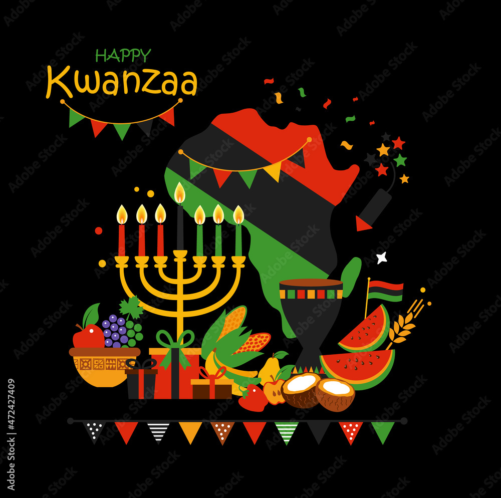 Vector card of celebration Happy Kwanzaa. Holiday symbols on black ...