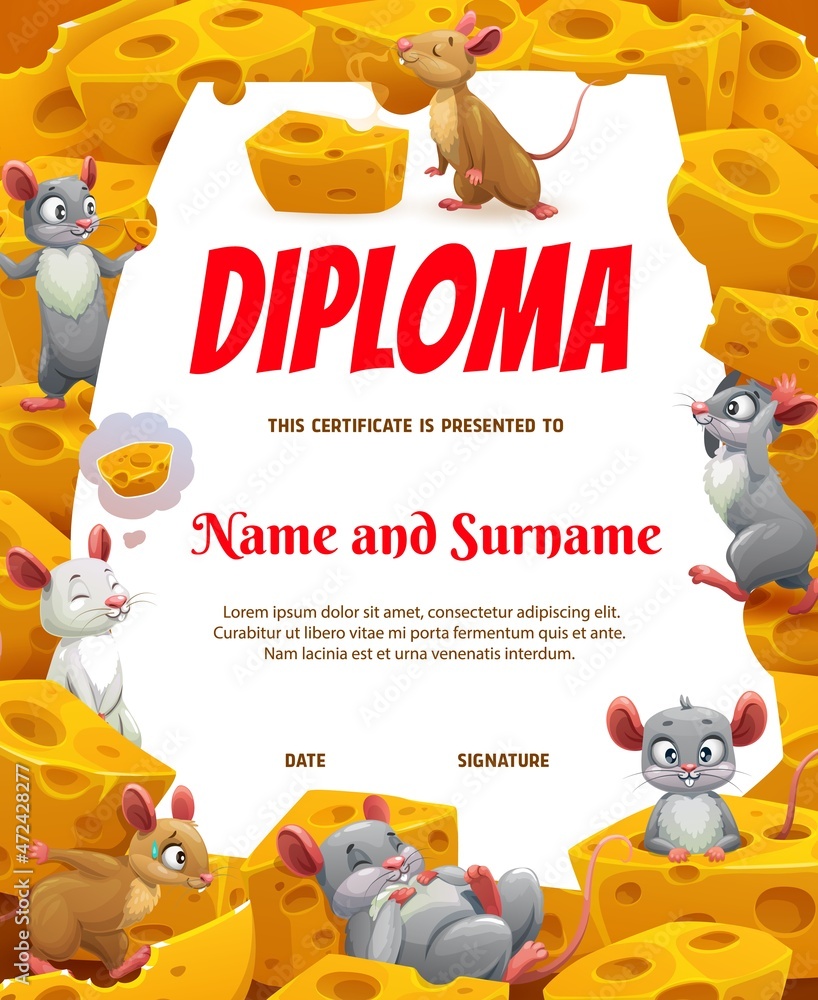 Cartoon funny mouses and cheese on kids diploma. Child education ...