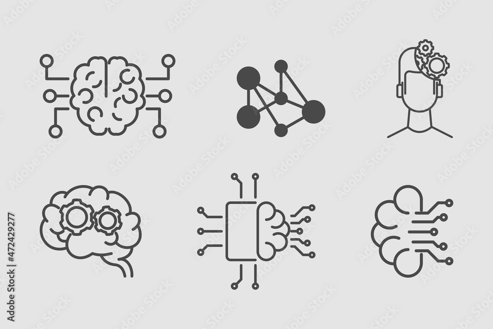 Artificial Intelligence and Neural Network icon set. Outline thin line ...