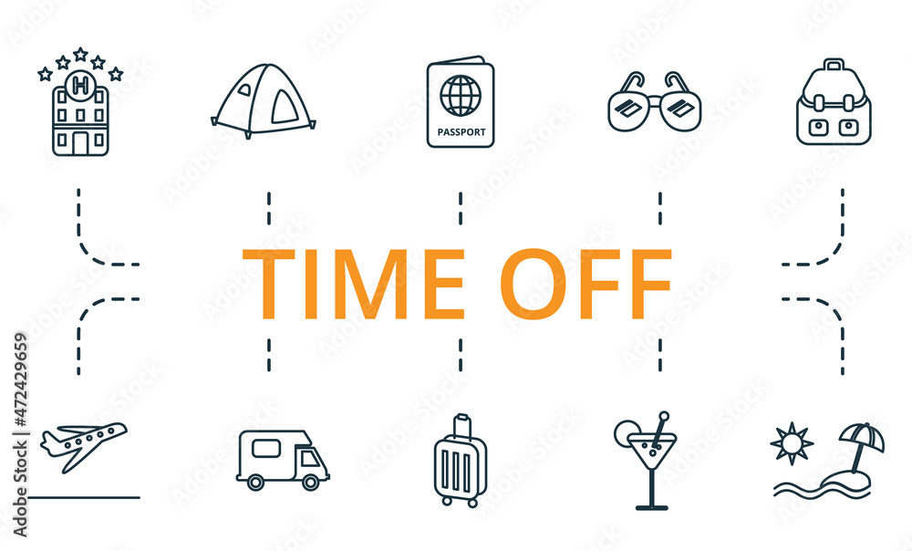 Time Off icon set. Collection of simple elements such as the passport ...