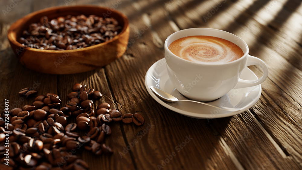 Frische Tasse Kaffee mit vielen Kaffeebohnen auf Tisch Stock Photo ...