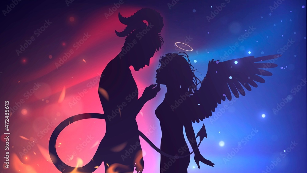 Silhouette of couple devil man and angel woman, concept of love of ...