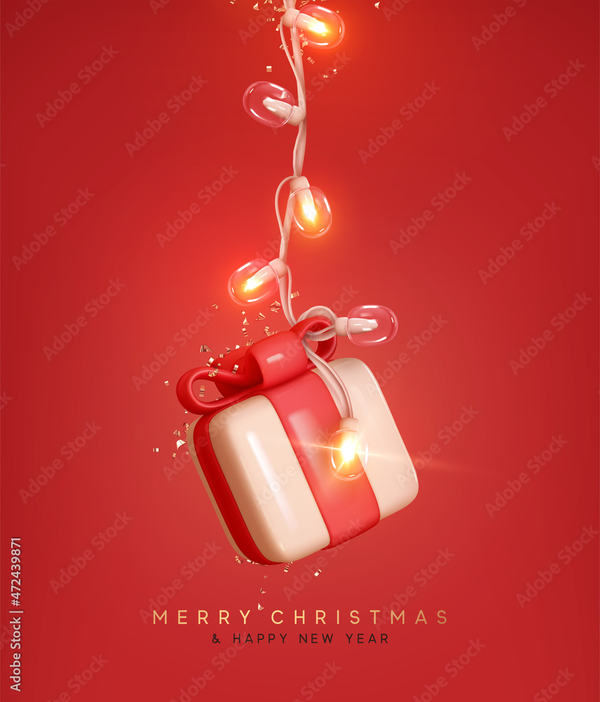 Christmas gift box hanging on bright glowing Xmas garland. Realistic 3d ...