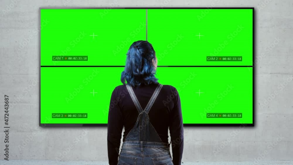 Girl Watching CCTV Monitors Security System Green Screen TV Split ...