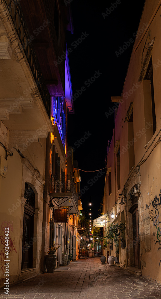 night scenery of a illuminated street in the old town of Chania, Ctrete ...