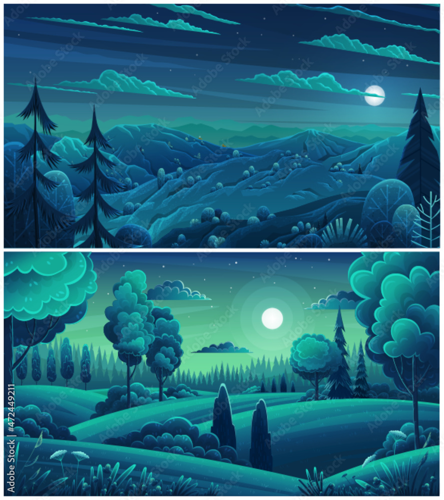 Night in forest, vector cartoon illustration. Hills and tall trees ...