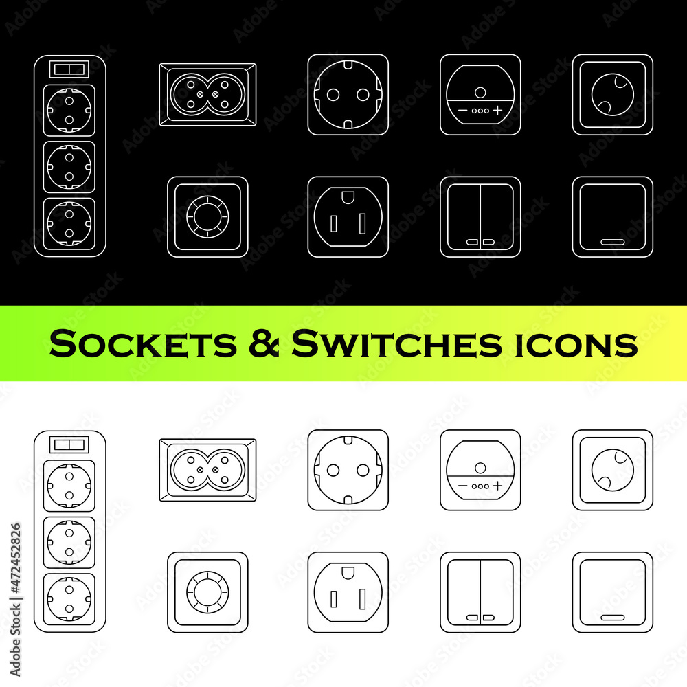 Electricity black and white icon set. Realistic illustration with ...