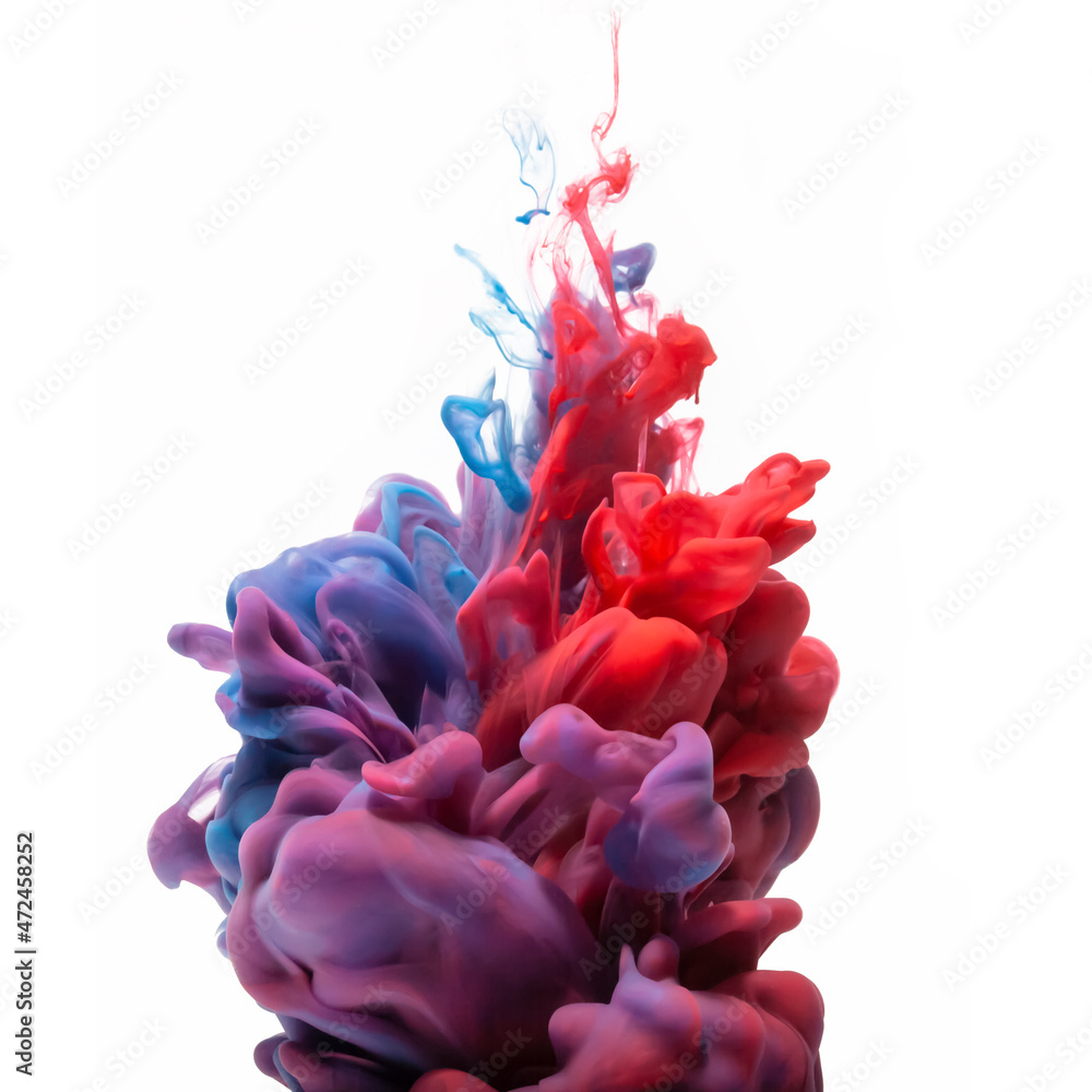 Red-blue background, ink in water isolated on white background. Texture ...