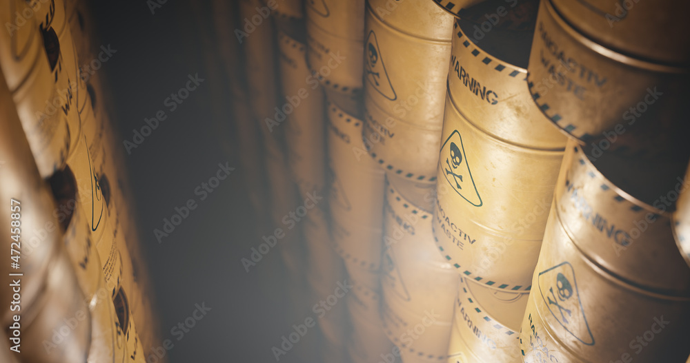 radioactive waste in barrels, nuclear waste repository, 3d render Stock ...