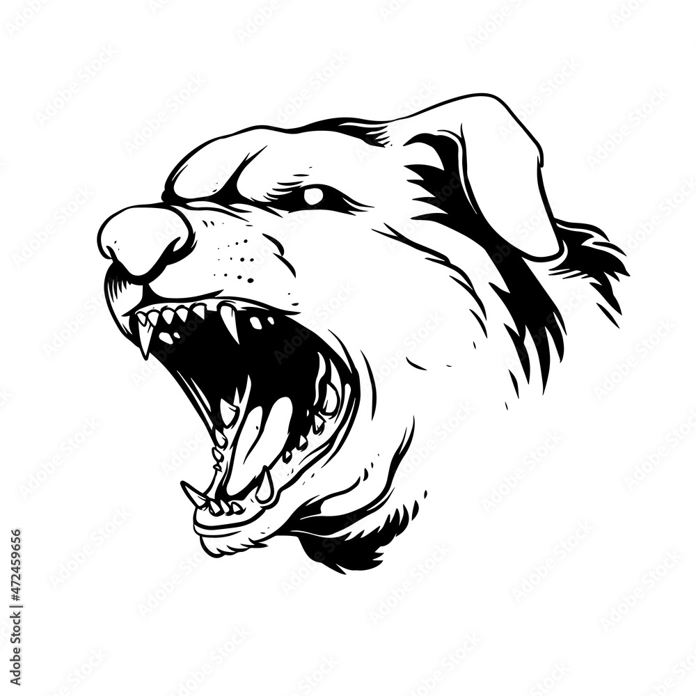 a furious barking dog face. a hand drawn illustration of a wild animal ...